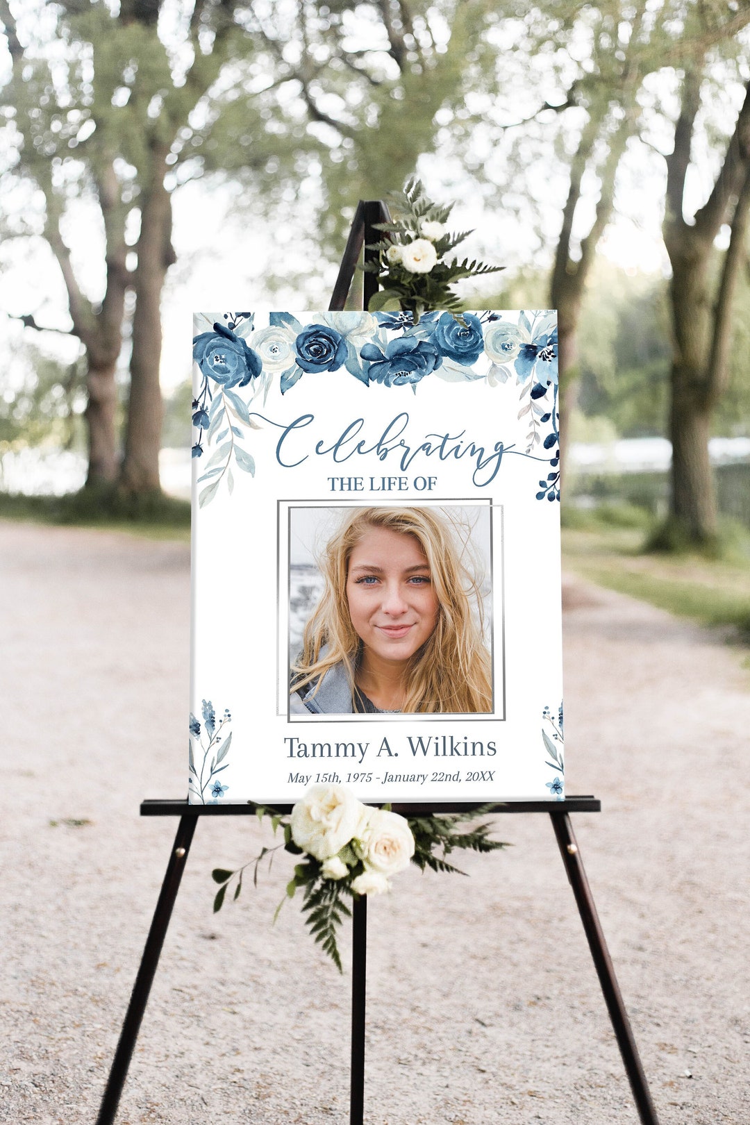 Blue Floral Collage Funeral Poster | Navy Blue Roses Memorial Poster ...