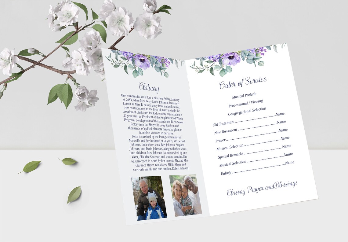 Purple Funeral Program Template for Woman Purple Flowers | Etsy