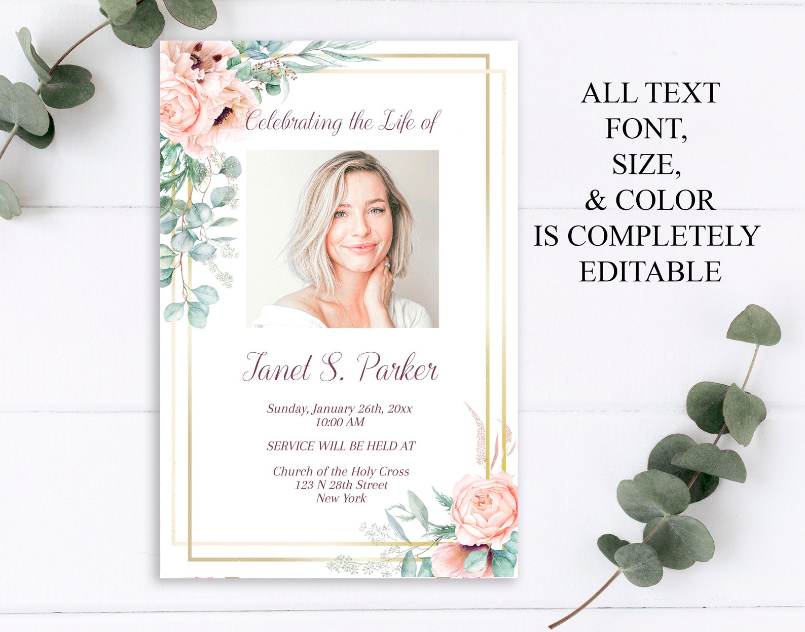 Pink Roses Funeral Announcement Template Pink Floral - Etsy