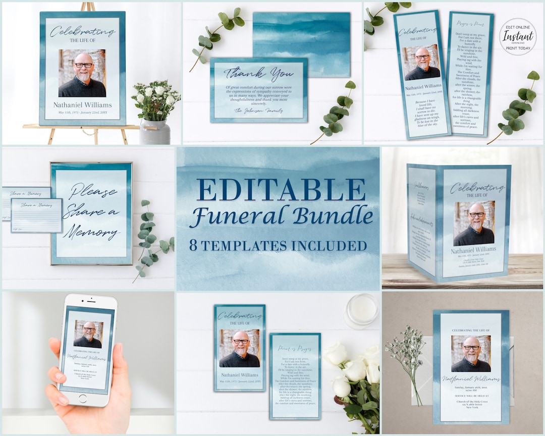 Blue Funeral Bundle | Celebration of Life Templates | Modern Blue ...