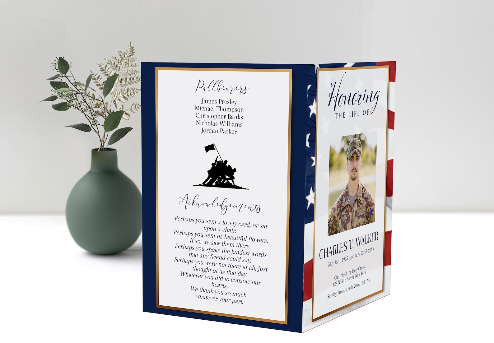 American Flag Funeral Program Template Editable Military Funeral ...
