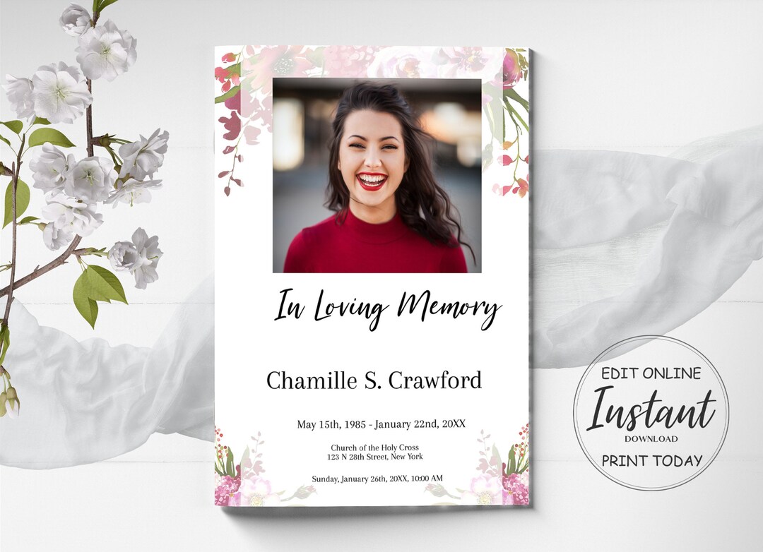 Editable Funeral Program Template for Woman | Obituary Template | Pink ...