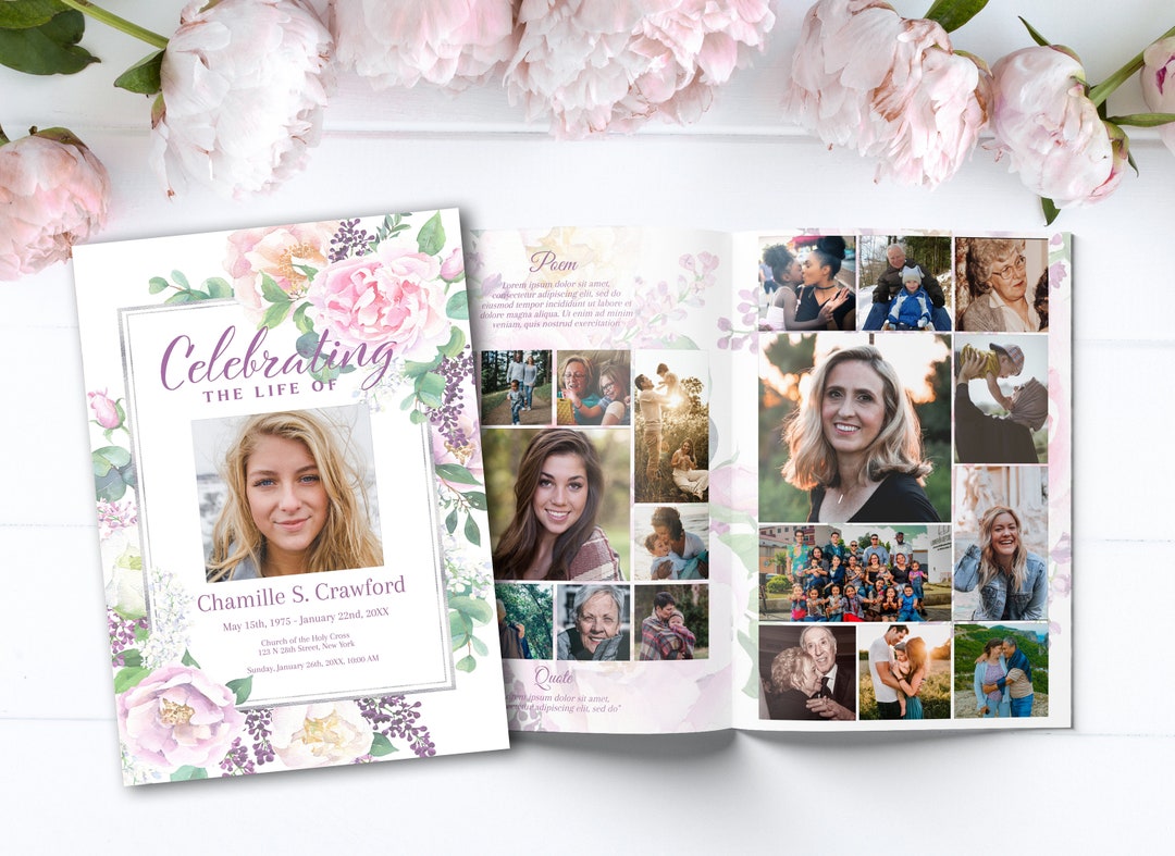 Editable Funeral Program Template for Woman | Obituary Template | Pink ...