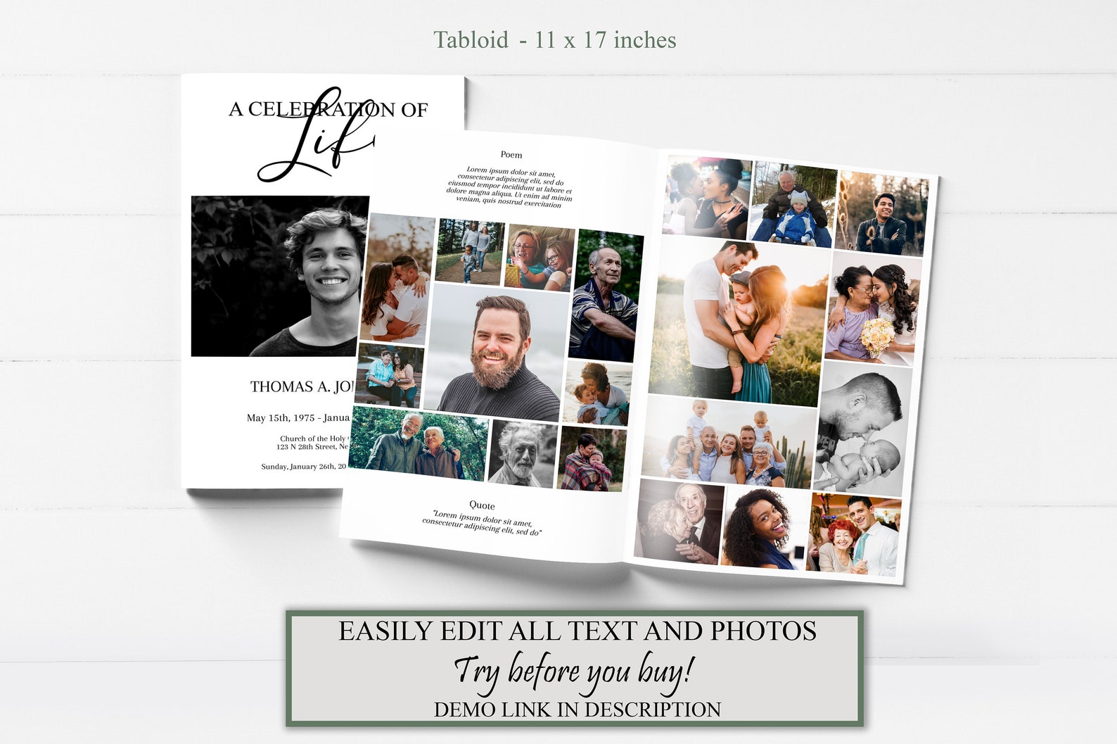 11 X 17 Inch Funeral Program Template Editable Tabloid - Etsy