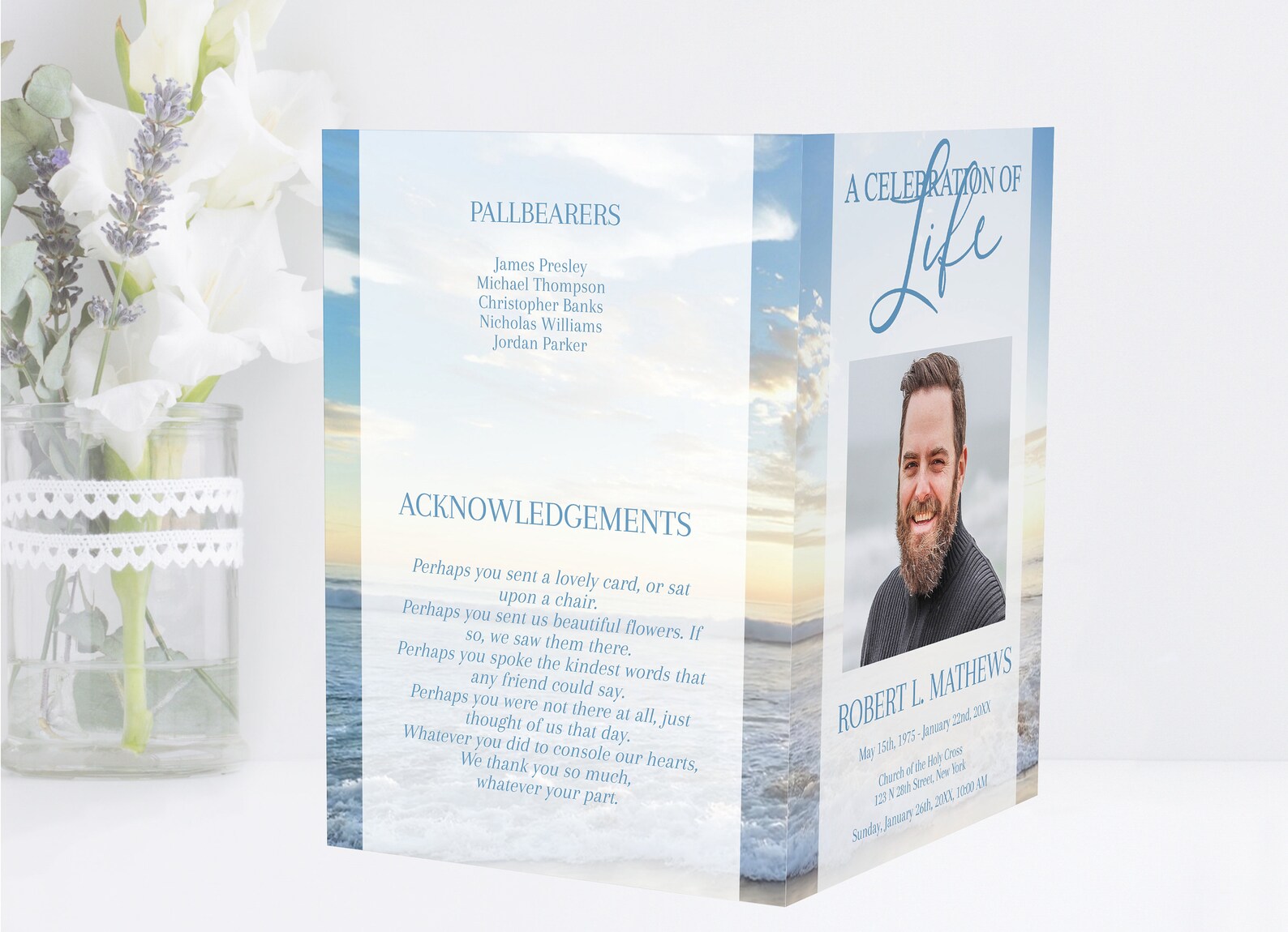 Blue Ocean Funeral Program Template for Man or Woman | Obituary ...