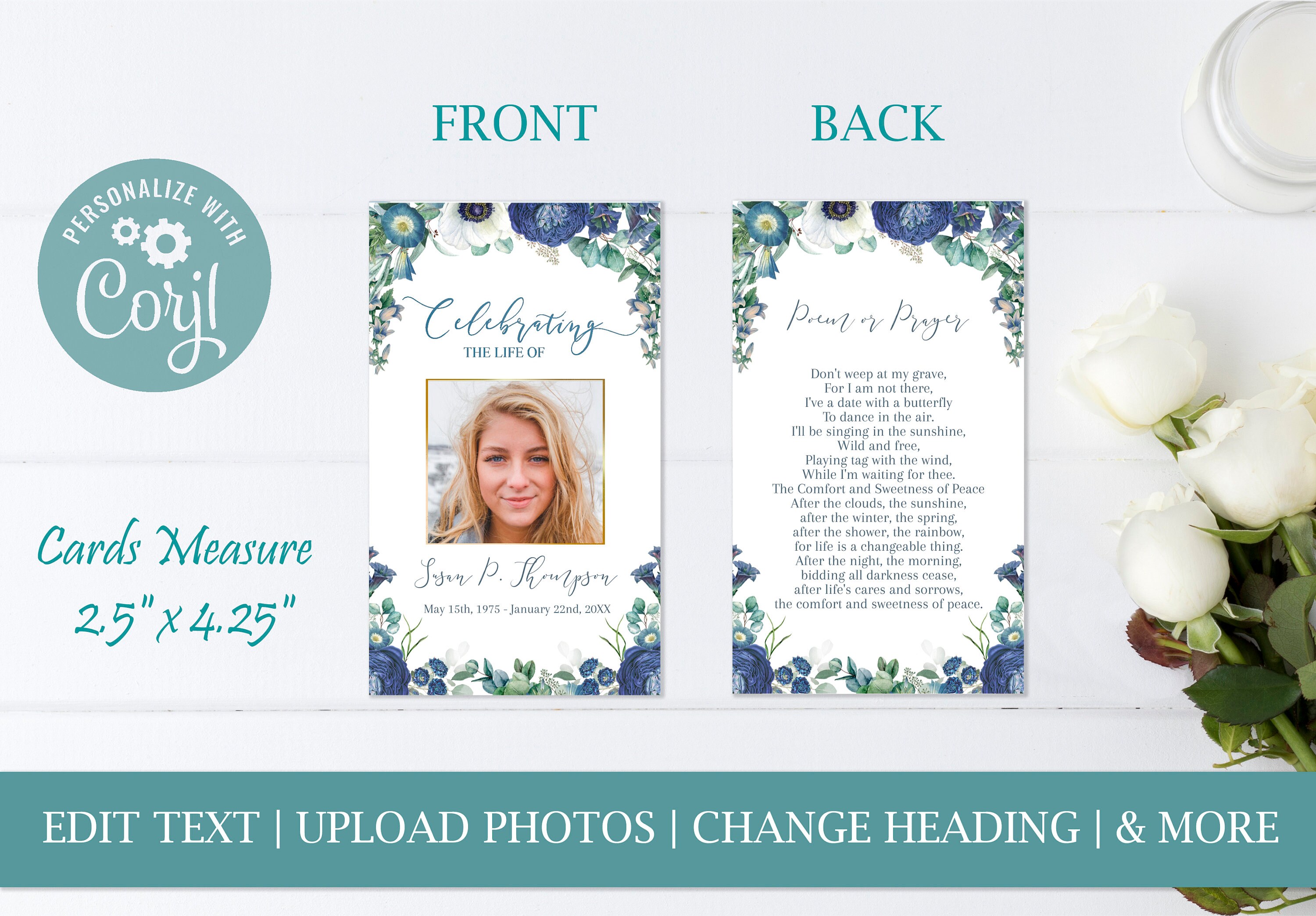 Blue Roses Funeral Prayer Cards Funeral Keepsake Blue | Etsy