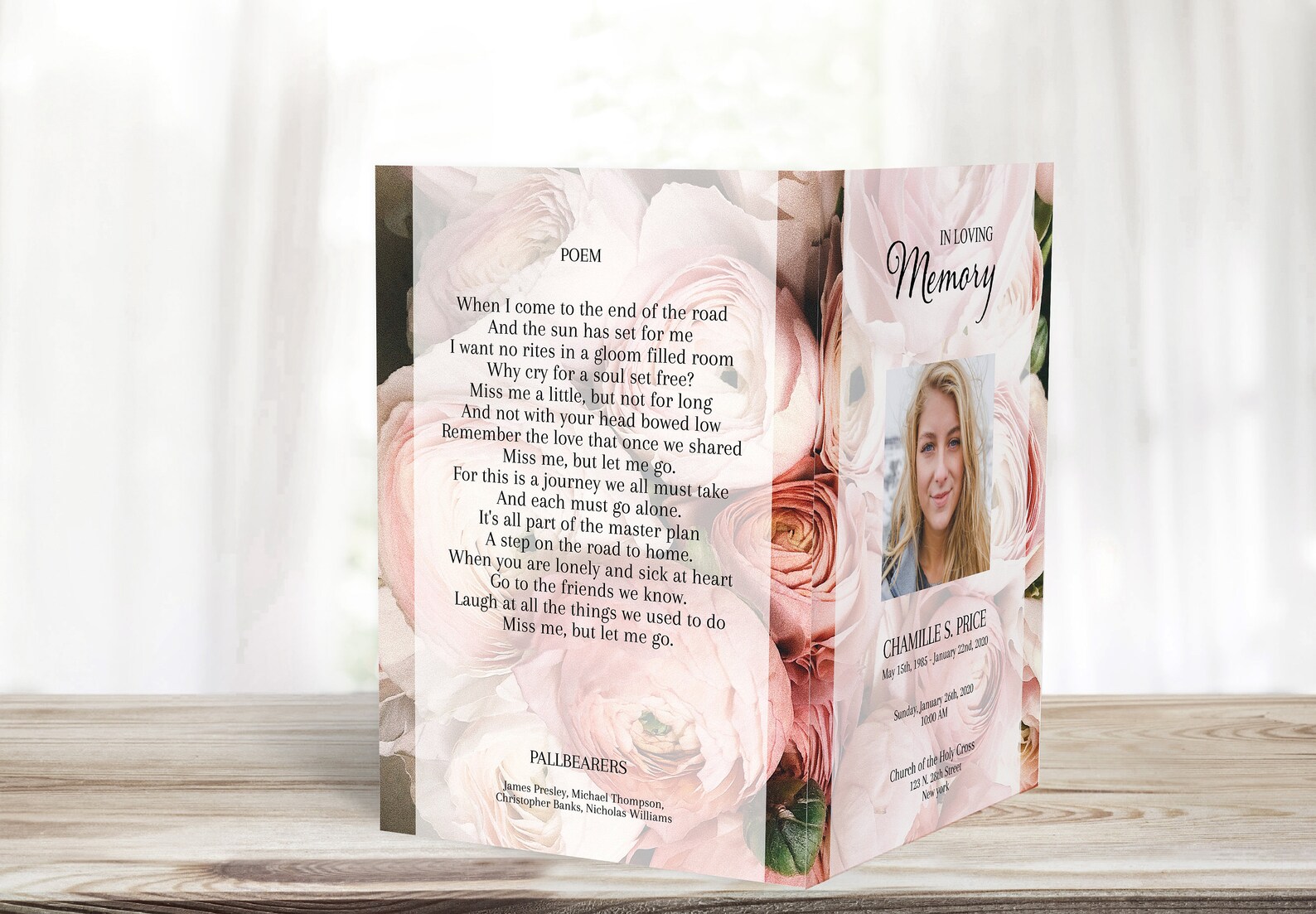 Editable Funeral Program Template for Woman Pink Floral - Etsy