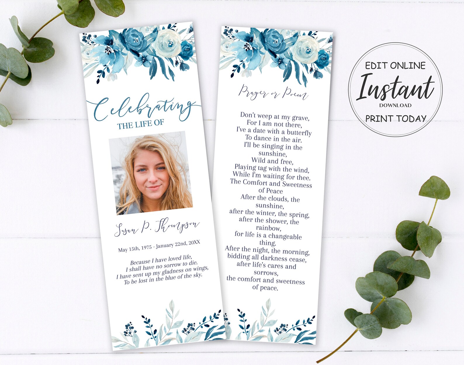 Blue Roses Funeral Bundle Celebration of Life Templates - Etsy