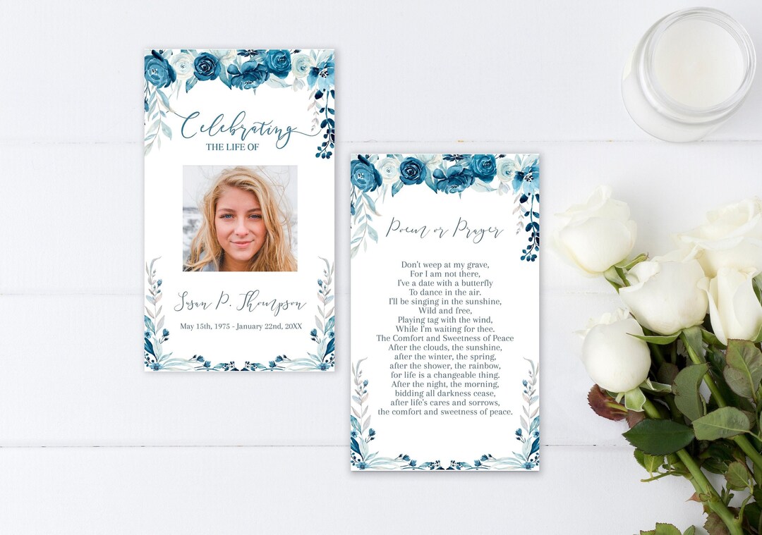 Blue Roses Funeral Prayer Cards | Funeral Keepsake | Blue Floral ...