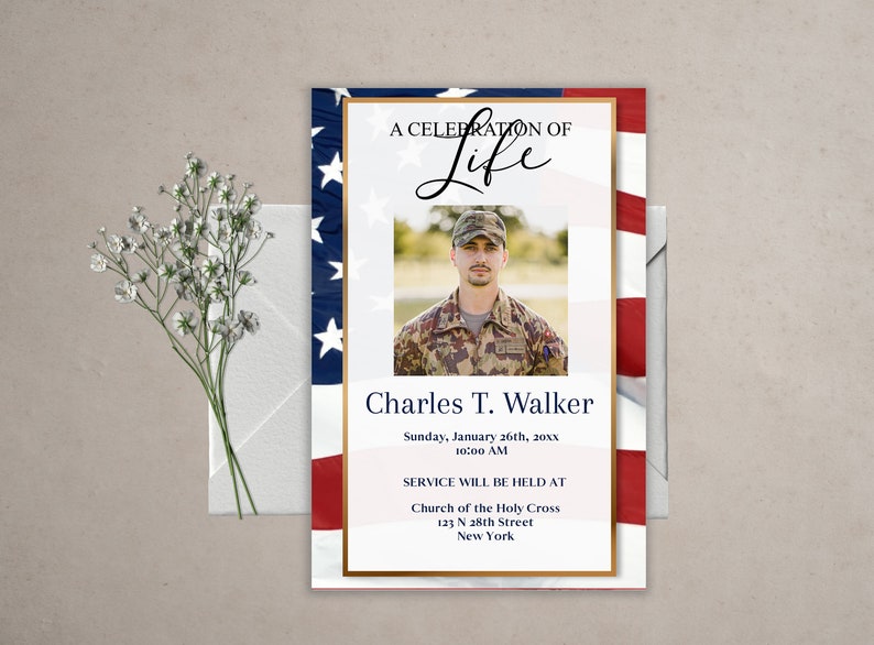 American Flag Military Funeral Invitation Card | Funeral Announcement ...