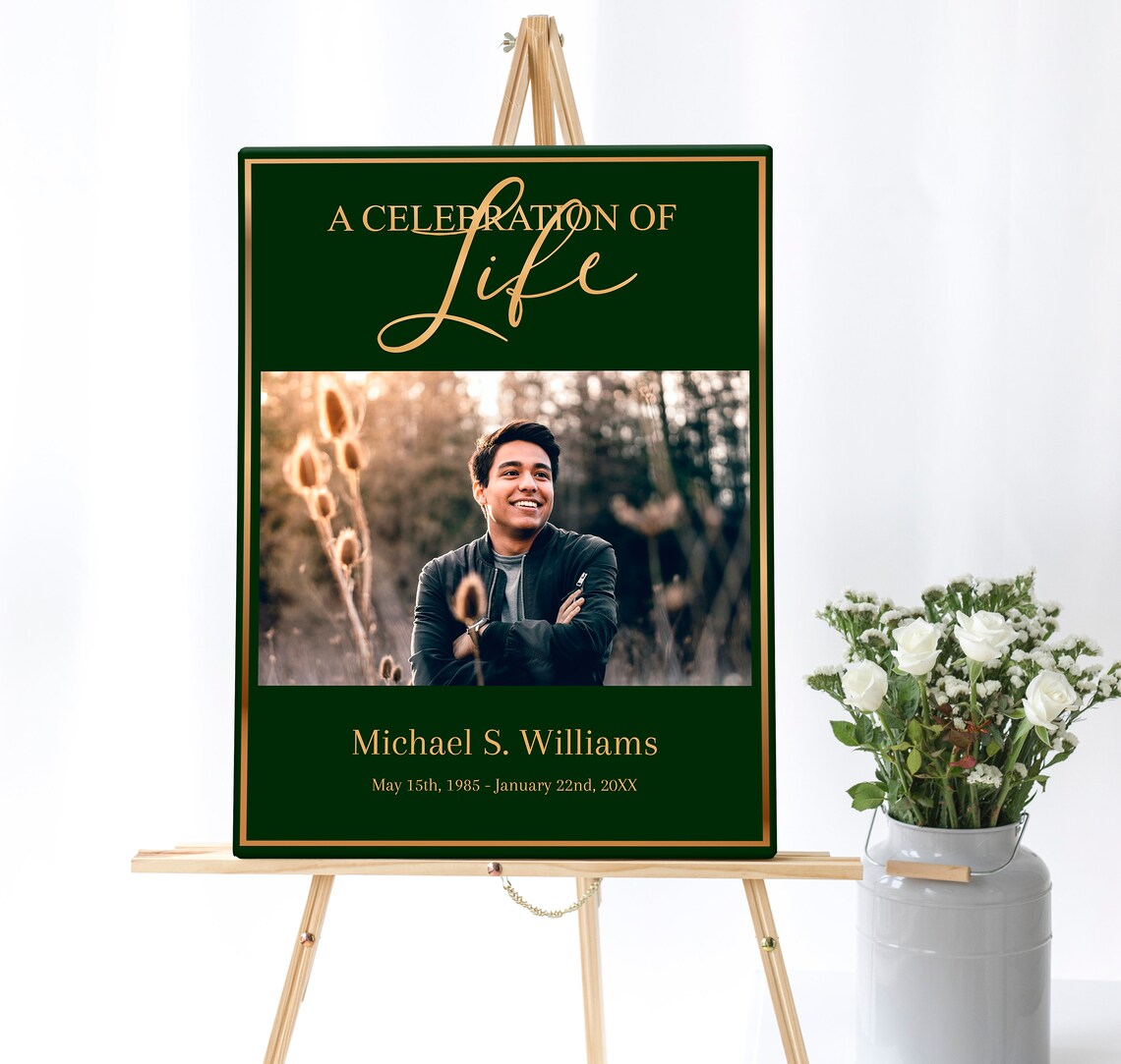 Green and Gold Funeral Poster Photo Display Memorial Poster - Etsy