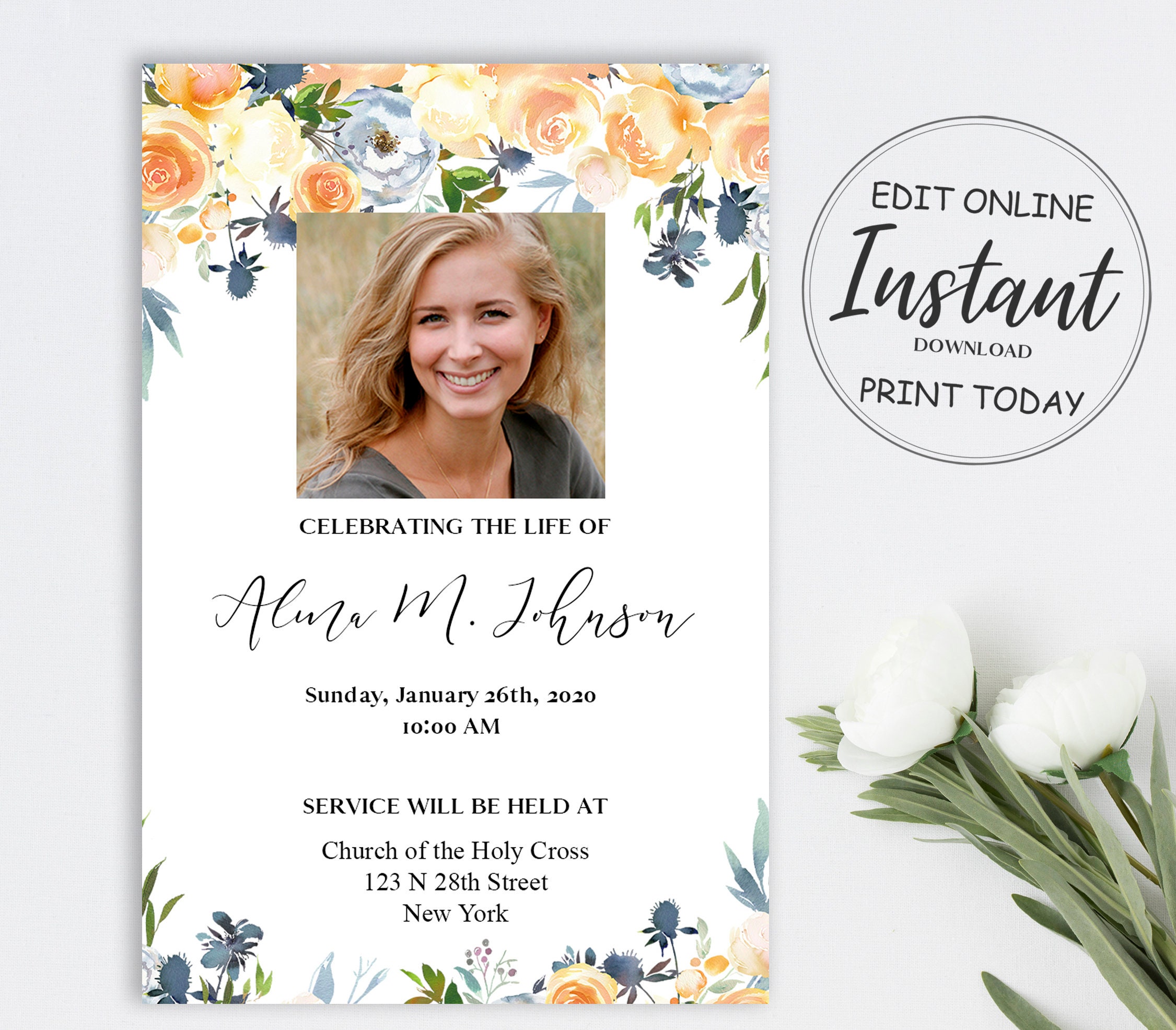 Funeral Invitation Card Yellow Floral Funeral Announcement | Etsy
