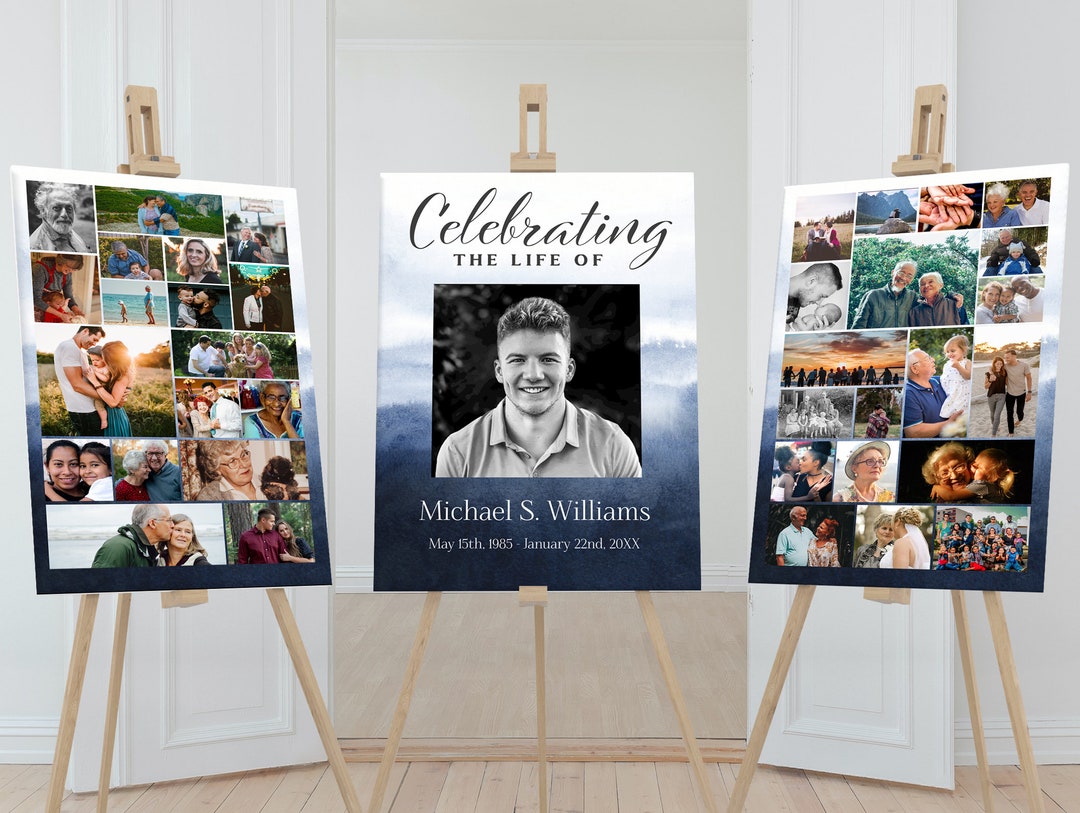 Funeral Collage Blue Watercolor Poster Set | Memorial Poster for ...