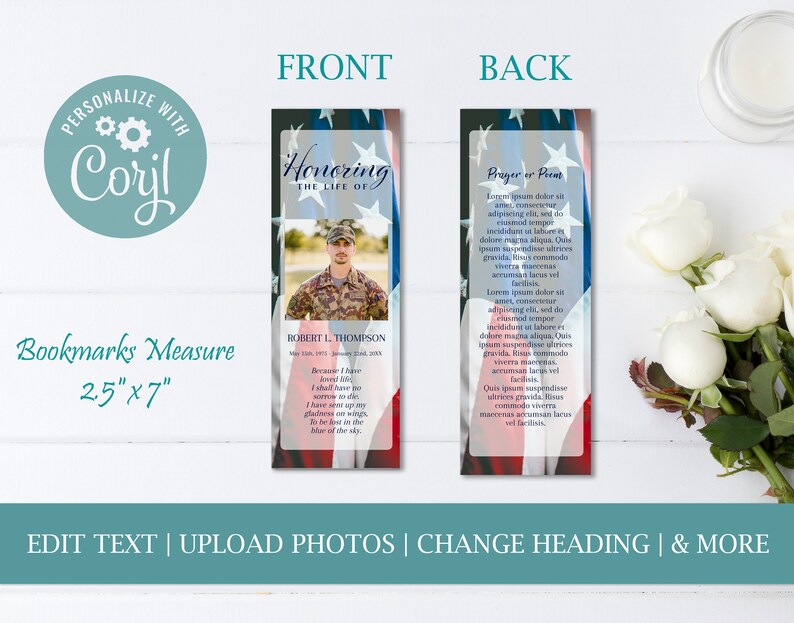 American Flag Military Funeral Bookmarks | Veteran Funeral Keepsake ...