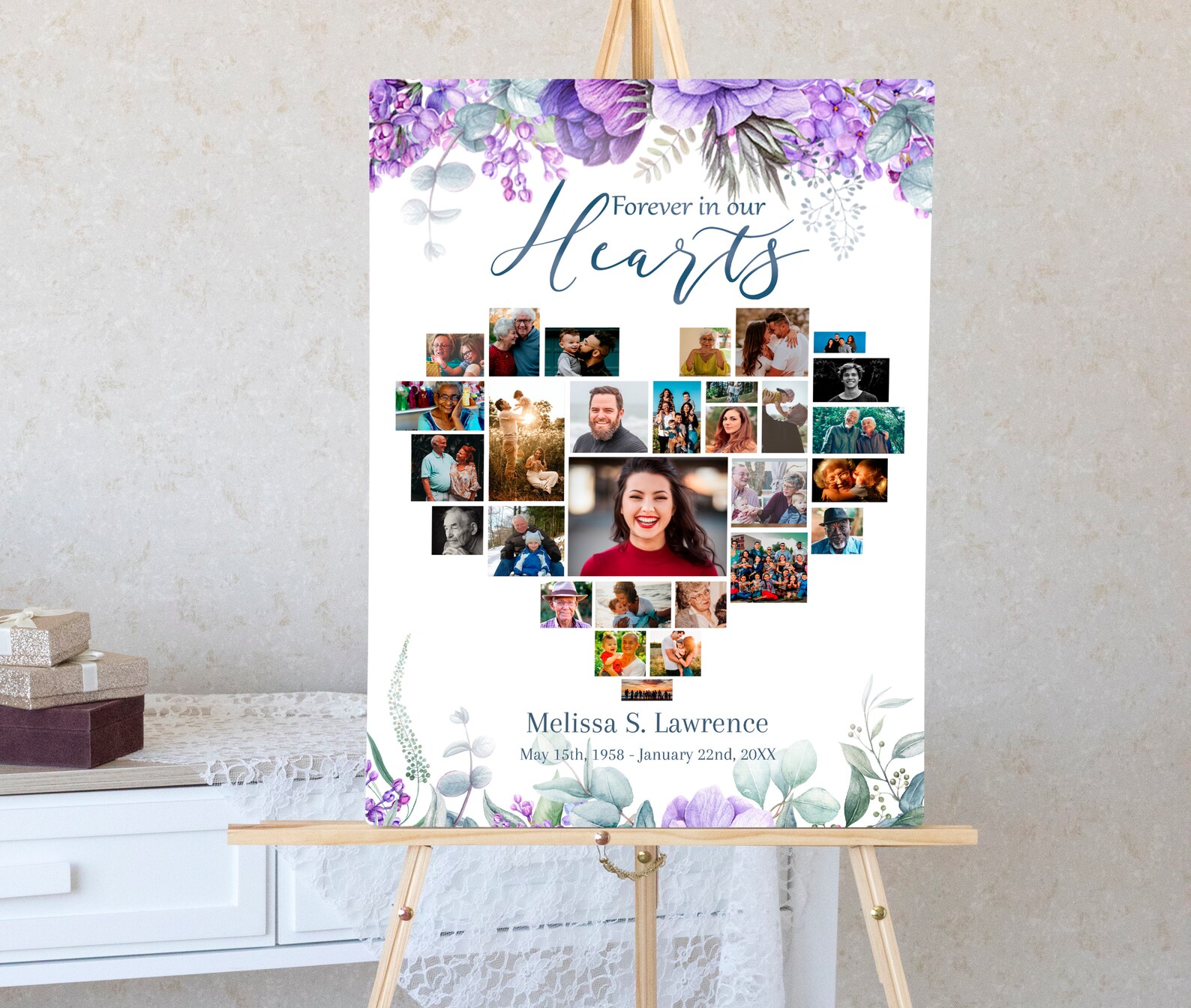 Purple Heart Collage Funeral Poster | Purple Floral Memorial Poster ...