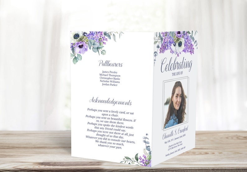 Purple Funeral Program Template for Woman Purple Flowers - Etsy