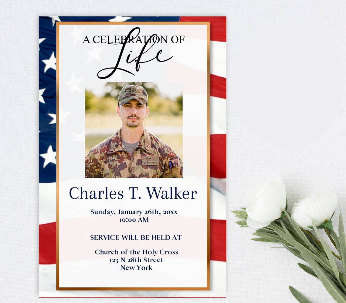 American Flag Military Funeral Invitation Card | Funeral Announcement ...