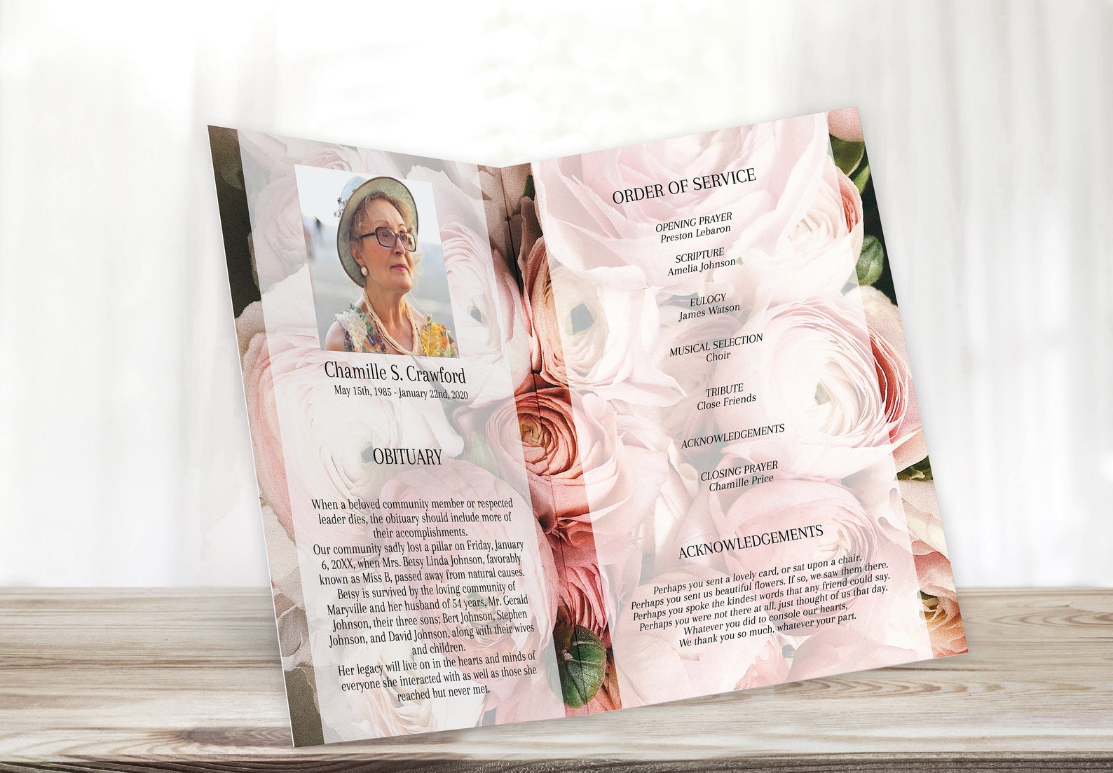 Editable Funeral Program Template for Woman Pink Floral - Etsy
