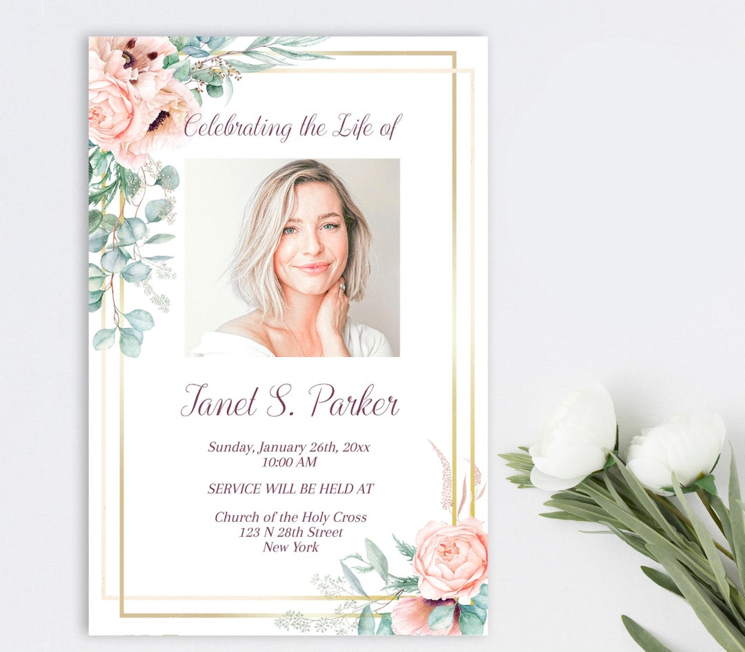Pink Roses Funeral Announcement Template | Pink Floral Obituary ...