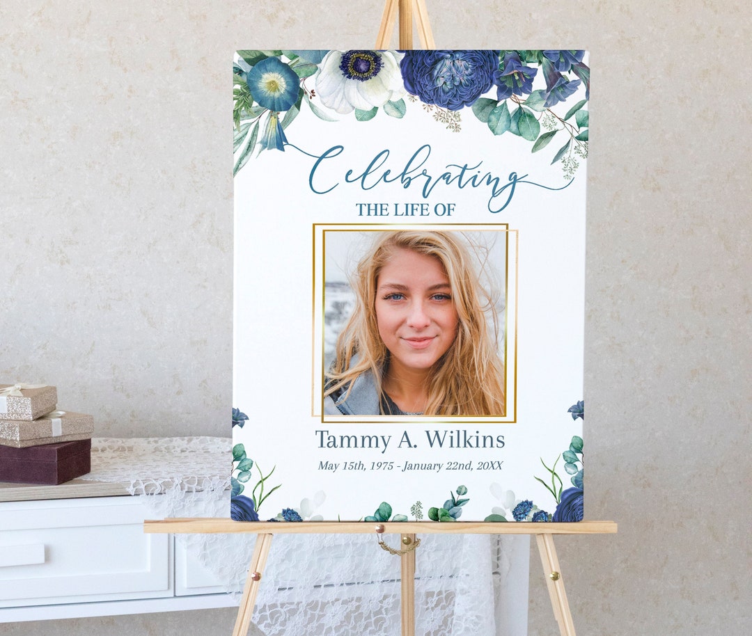Blue Floral Funeral Poster | Navy Blue Roses Memorial Poster Photo Sign ...