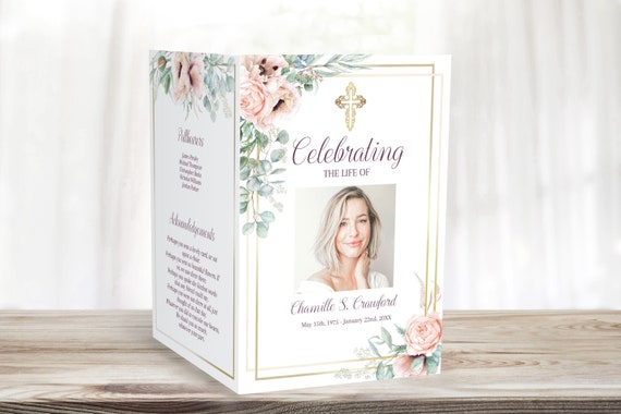 Gold Cross Funeral Program Template for Woman Pink Floral | Etsy