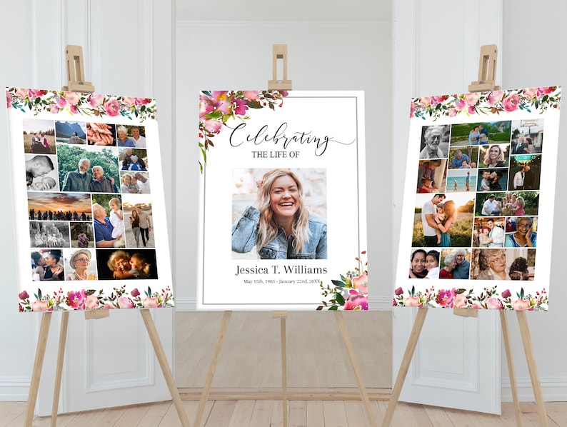 Funeral Photo Collage Sign Set Template | Pink Floral Memorial Posterl ...