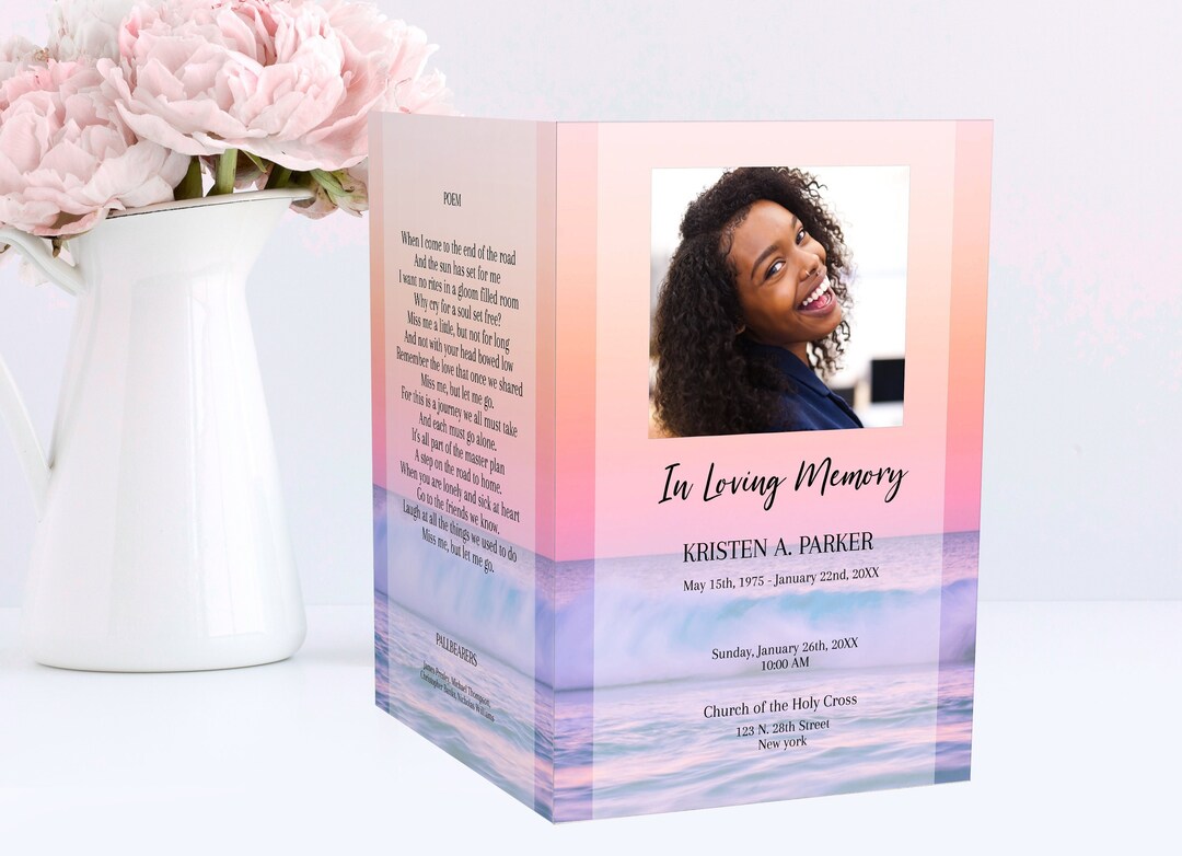 Ocean Sunset Funeral Program Template for Woman | Obituary Template ...