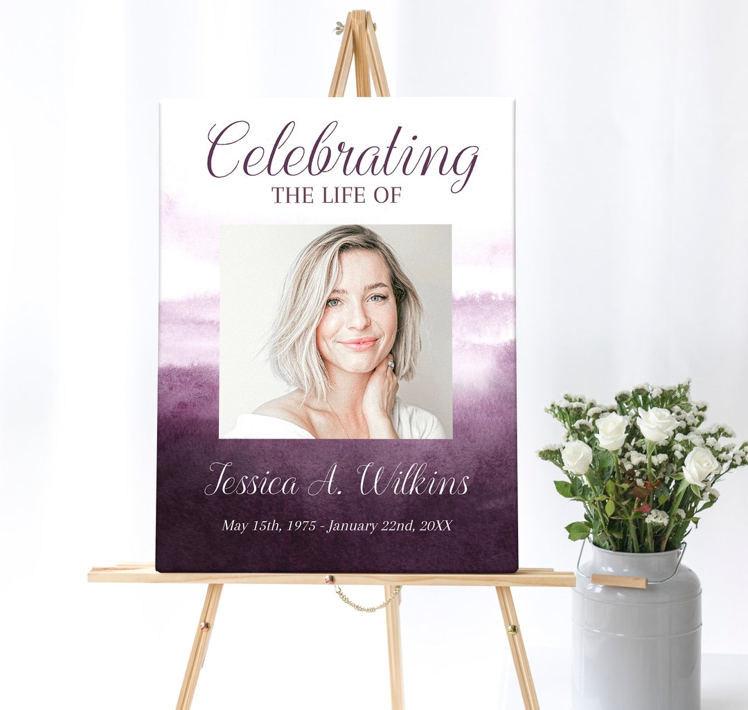 Purple Watercolor Funeral Poster for Women | Purple Memorial Poster ...