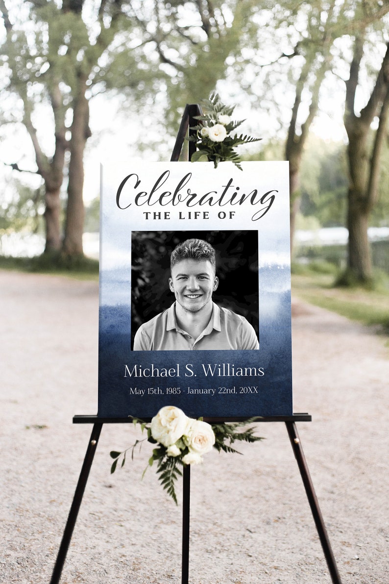 Blue Watercolor Funeral Poster | Navy Blue Memorial Poster Photo Sign ...