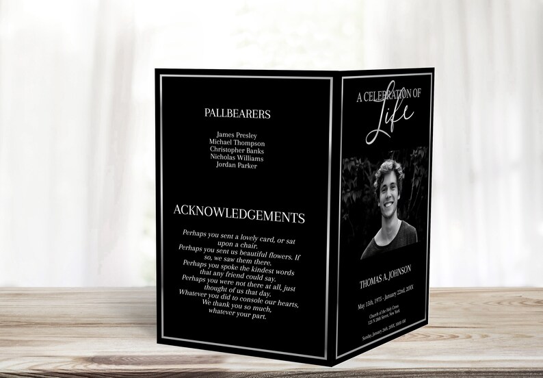 8 Page Funeral Program Template | Black and Silver Funeral Program ...