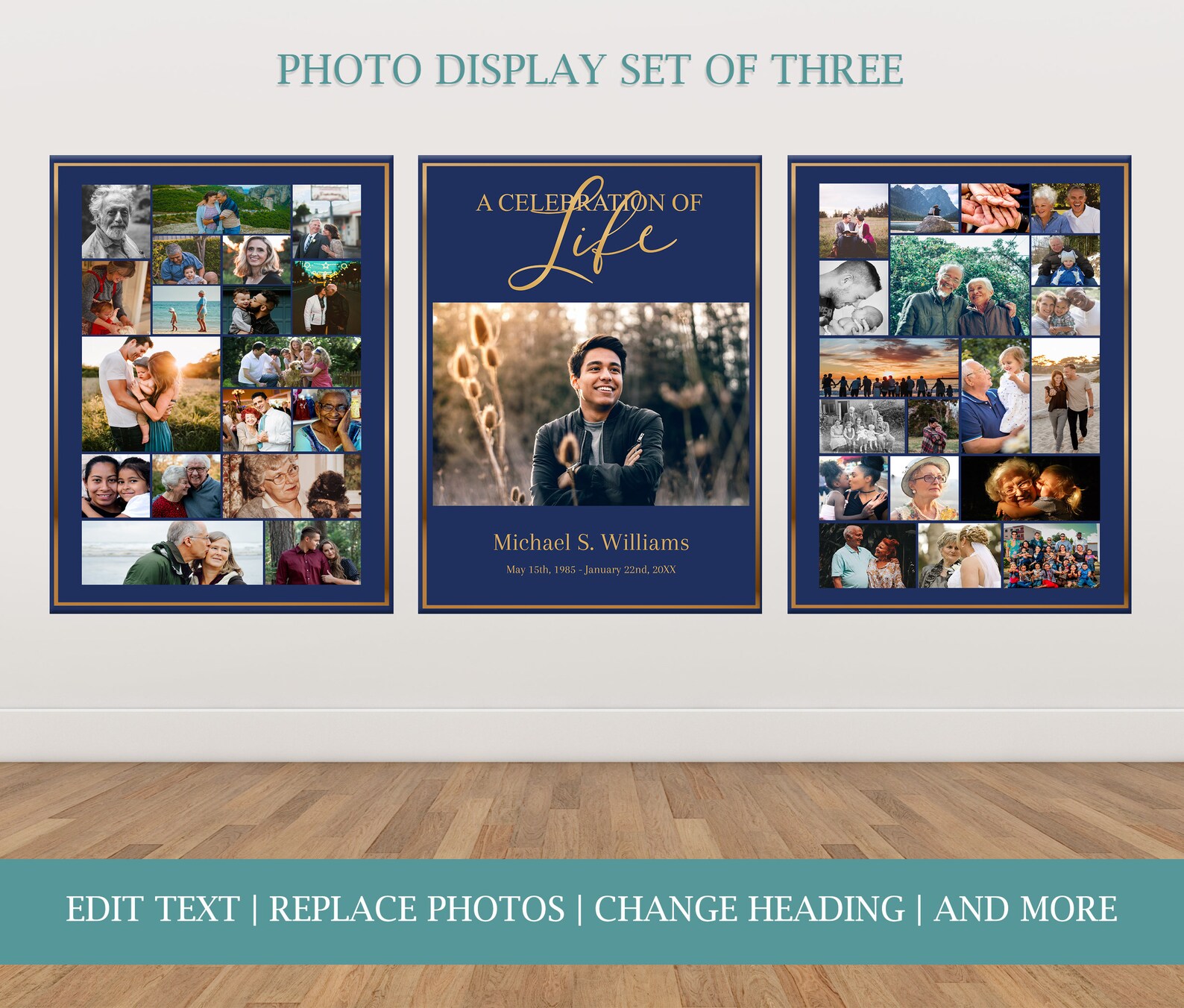 Blue and Gold Funeral Poster Photo Display Memorial Poster - Etsy