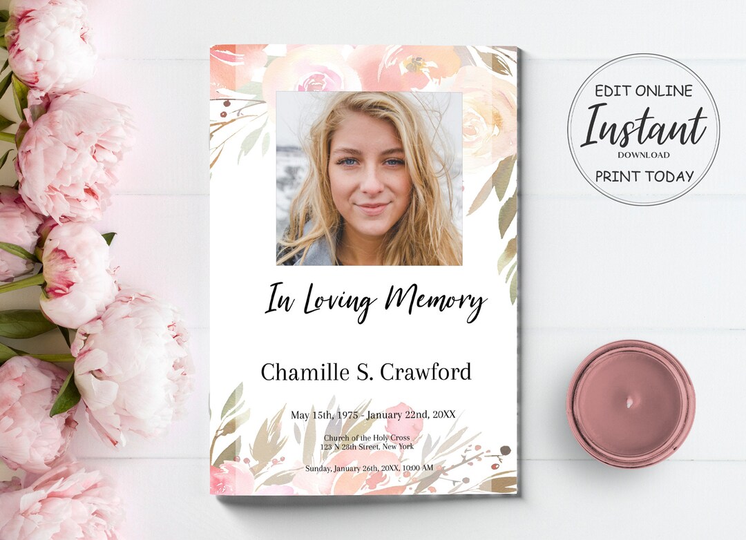 Editable Pink Funeral Program Template for Woman | Obituary Template to ...
