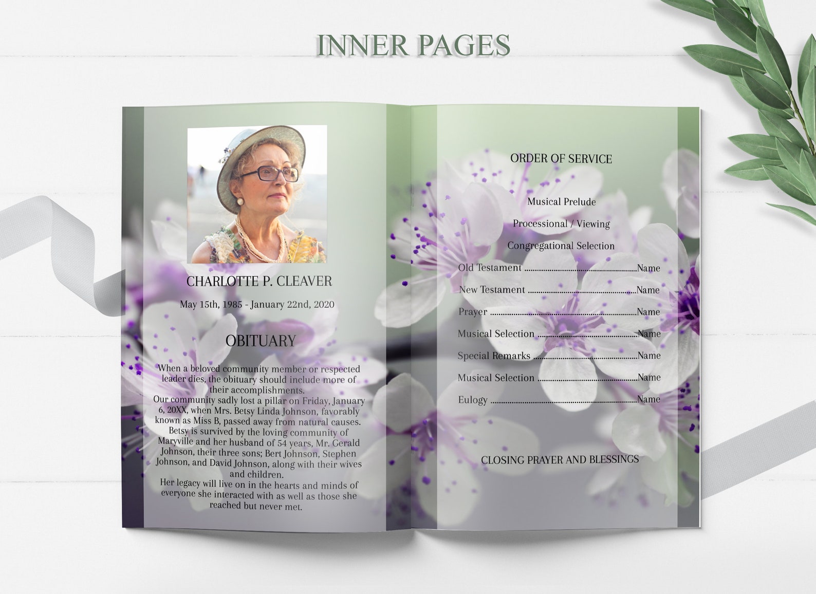 Purple Funeral Program Template for Woman Obituary Template - Etsy