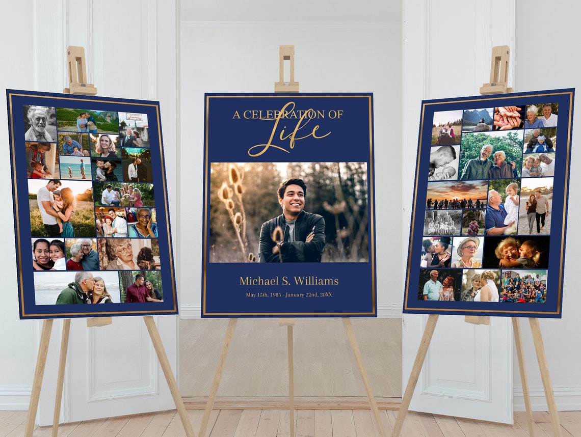 Blue and Gold Funeral Poster Photo Display Memorial Poster - Etsy