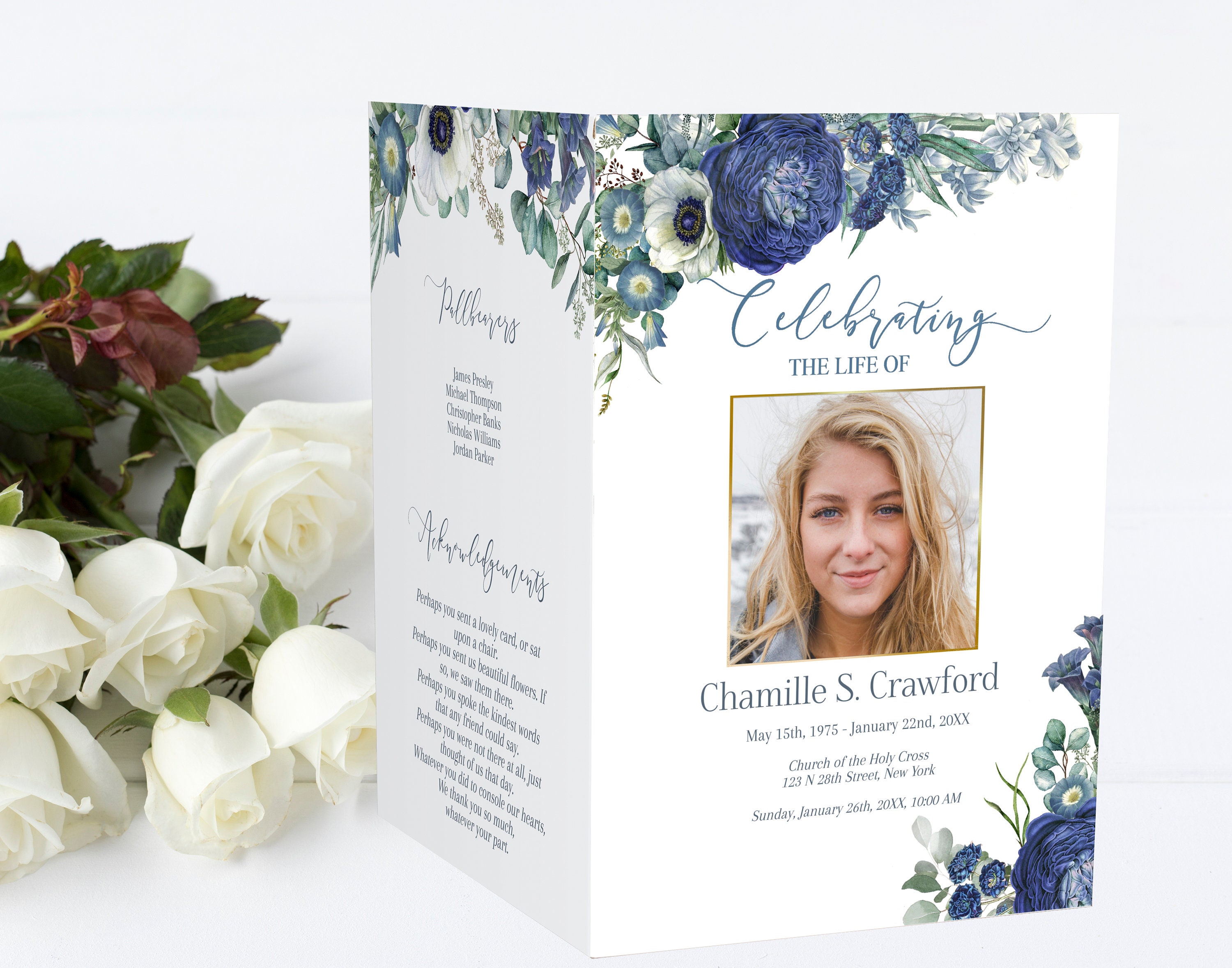 Navy Blue Roses Funeral Bundle Celebration of Life Templates | Etsy