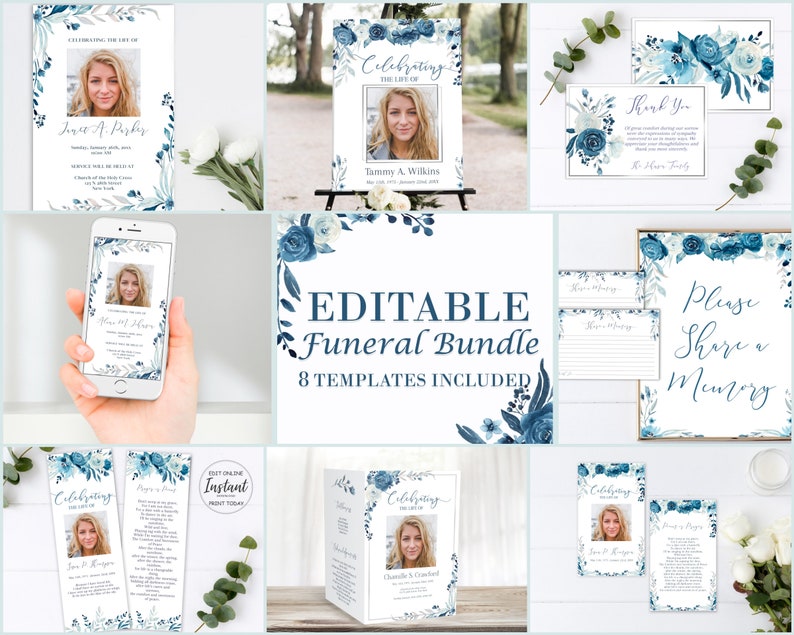 Blue Roses Funeral Bundle Celebration of Life Templates - Etsy
