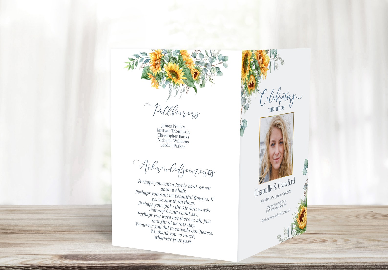 Sunflower Funeral Program Template for Woman | Obituary Template to ...