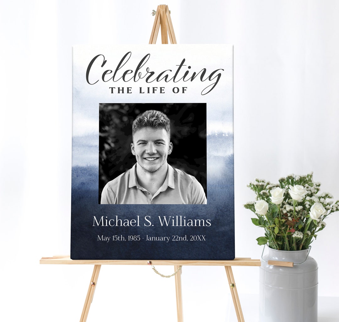 Blue Watercolor Funeral Poster | Navy Blue Memorial Poster Photo Sign ...