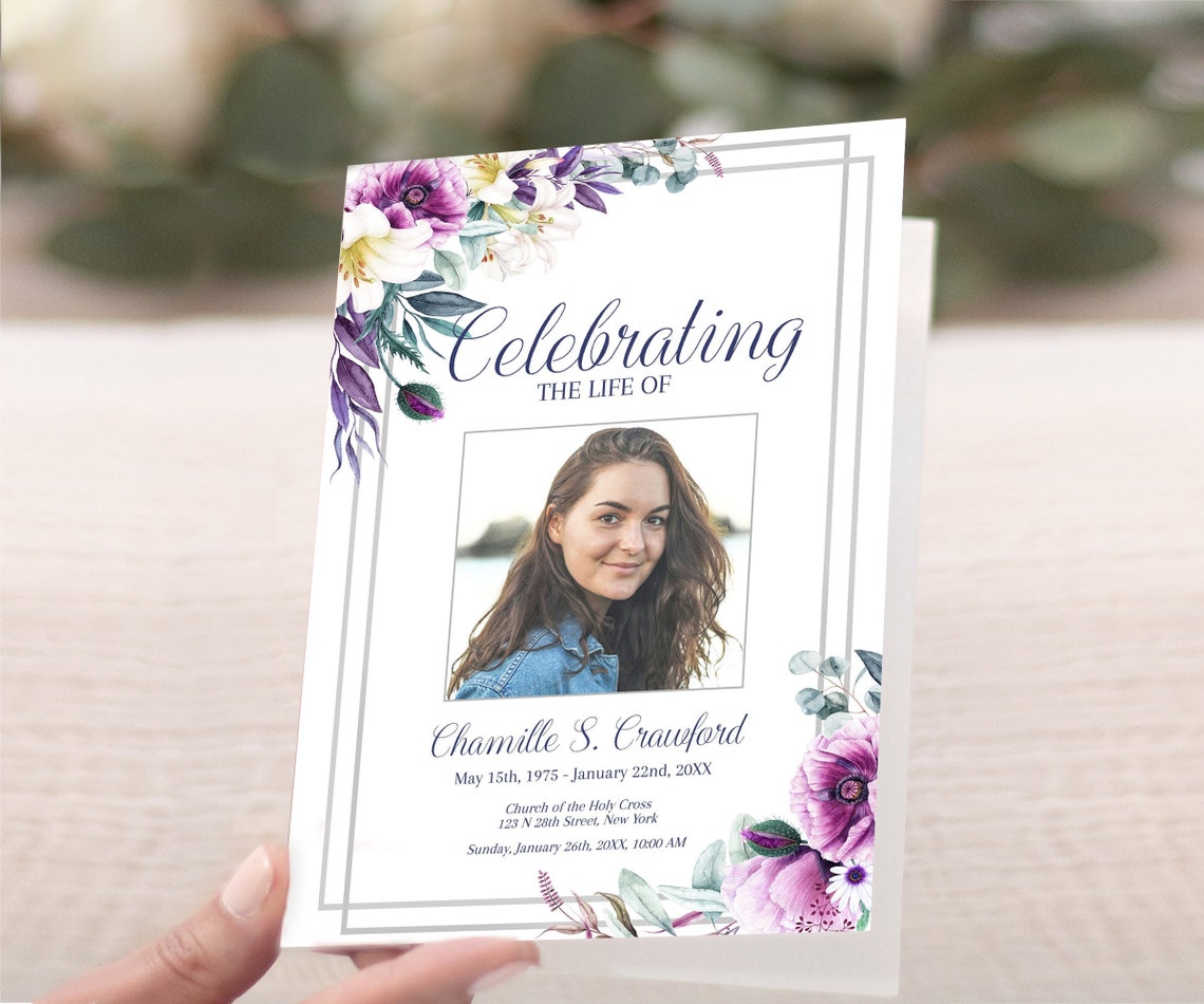 Purple Funeral Program Template for Woman Purple Flowers | Etsy