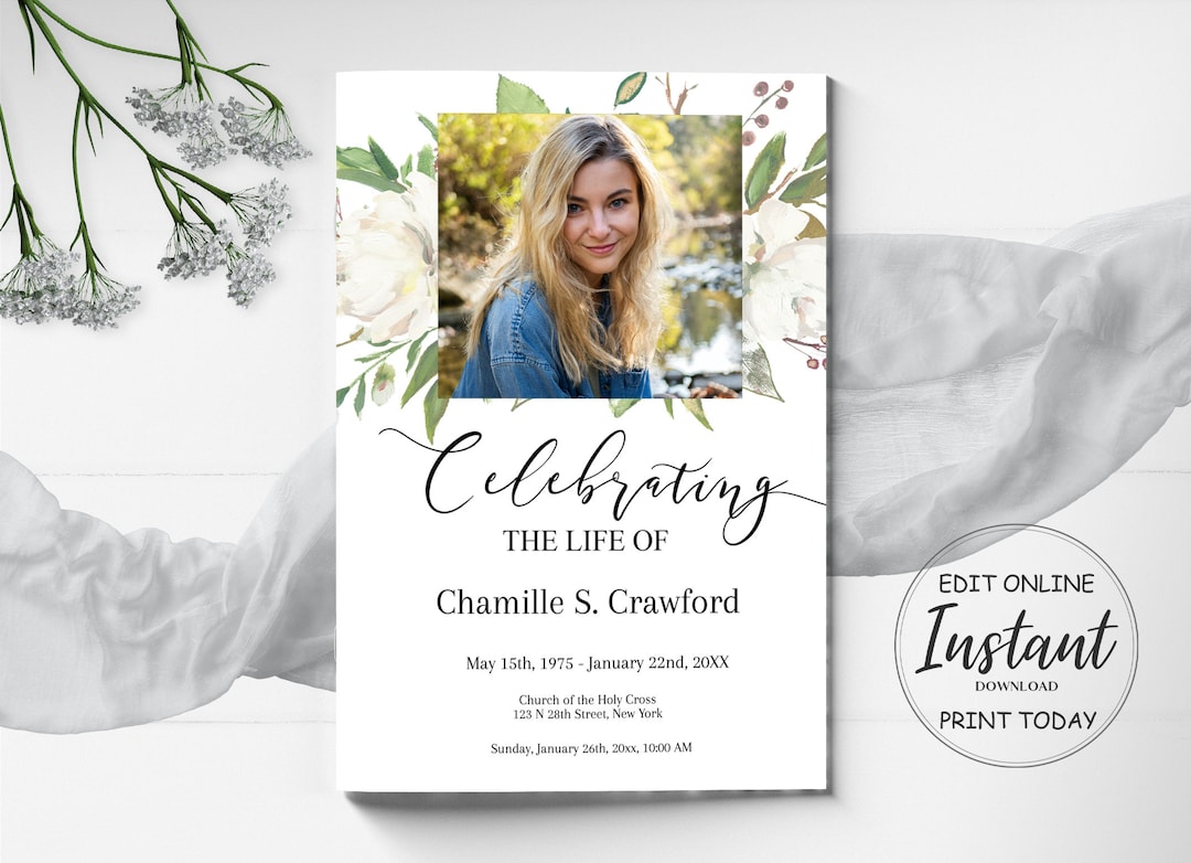 Editable Funeral Program Template for Woman | Obituary Template | White ...