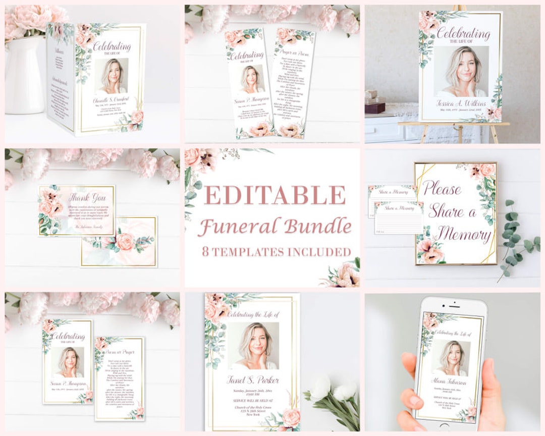 Pink Roses Funeral Bundle | Pink Floral Celebration of Life Templates ...