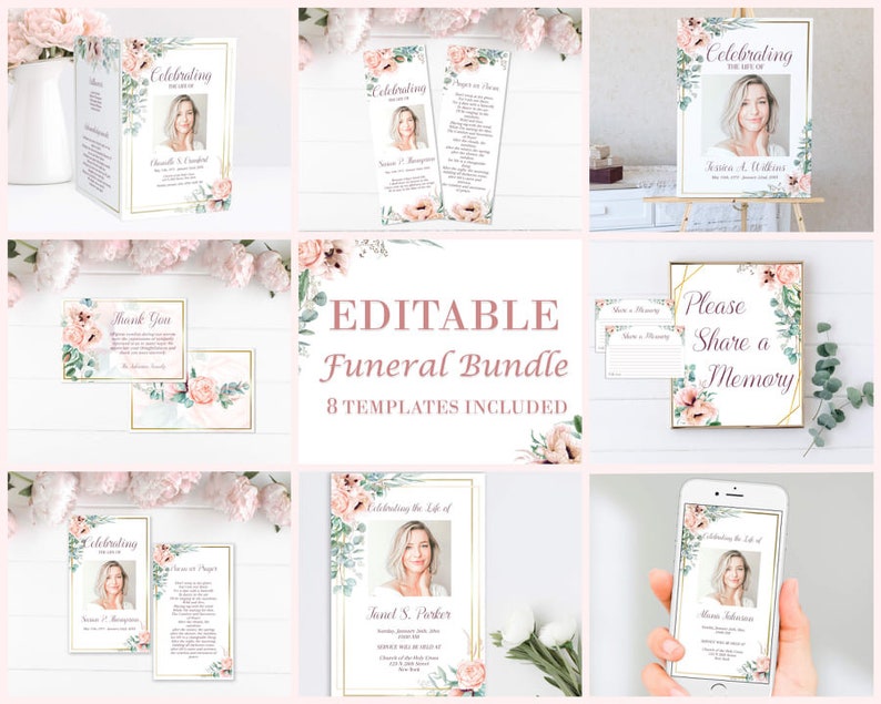 Pink Roses Funeral Bundle | Pink Floral Celebration of Life Templates ...