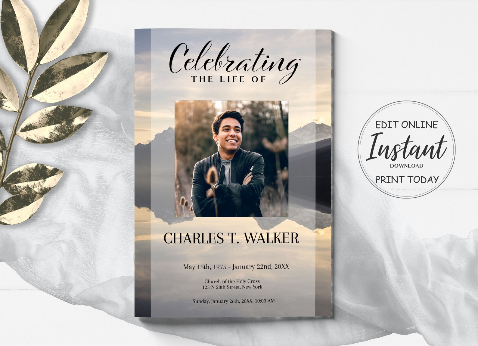 Mountain Lake Funeral Program Template for Man | Obituary Template to ...