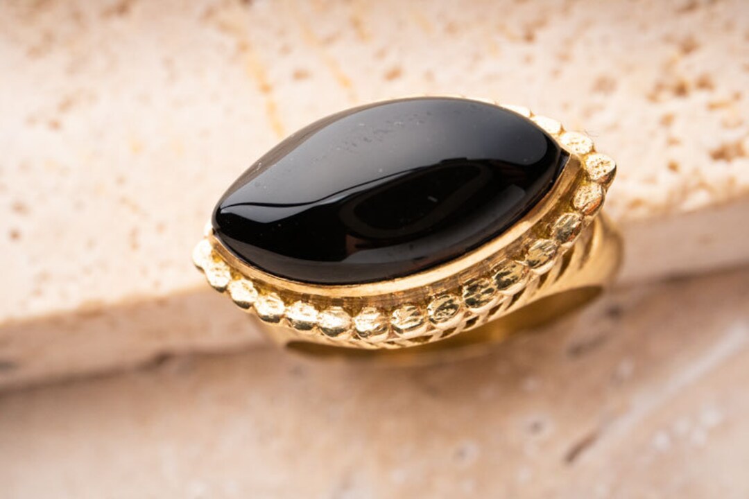 Eye Shaped Black Onyx Ring Large Gold Handmade - Etsy