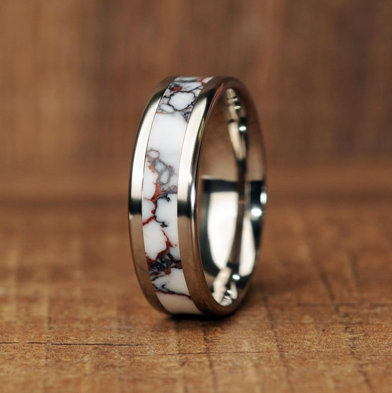 Wild Horse Jasper Mens Wedding Ring Polished Silver Titanium Comfort ...