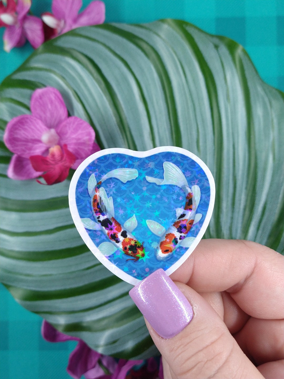 2in Holographic Heart Koi Fish Sticker, Koi Fish Art, Koi Fish Pond ...