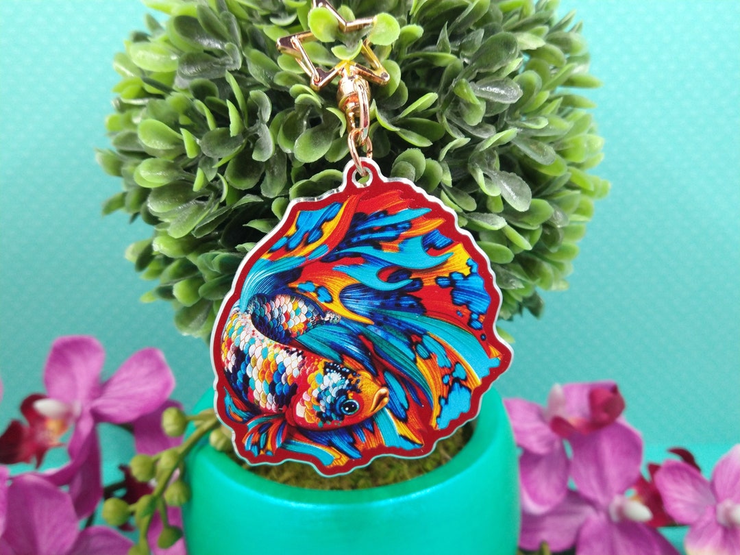 Red Metal Keychain Multicolor Halfmoon, Gift for Betta Fish Lover ...