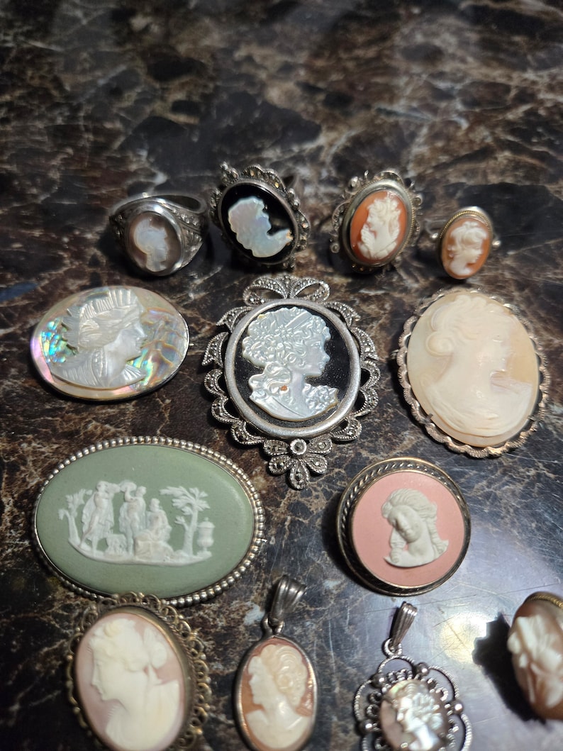 Lot of 14 Sterling Silver Set Vintage Cameos, Wedgewood Cameos, Carved Shell Cameo Brooch ...