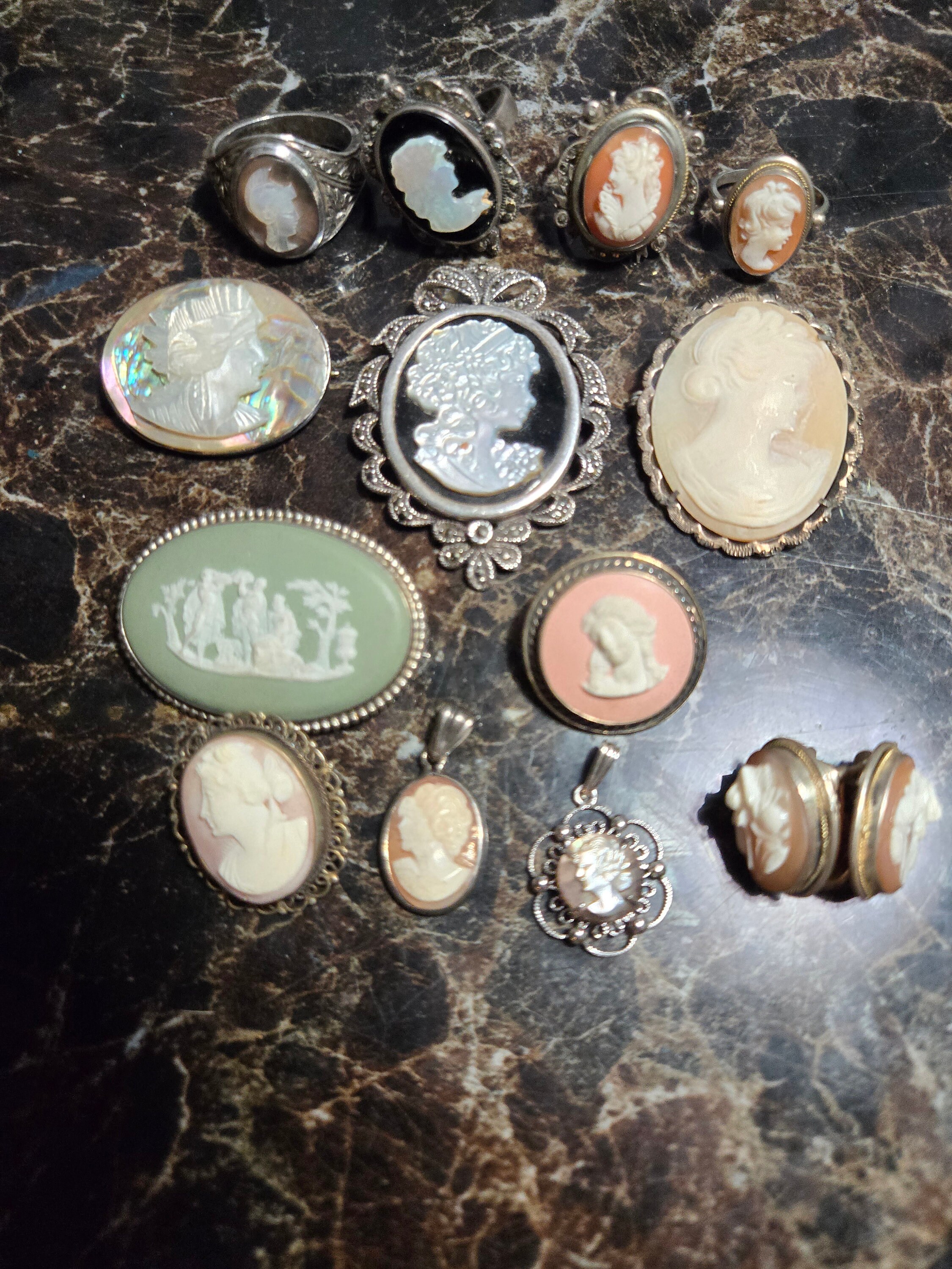 Lot of 14 Sterling Silver Set Vintage Cameos, Wedgewood Cameos, Carved ...