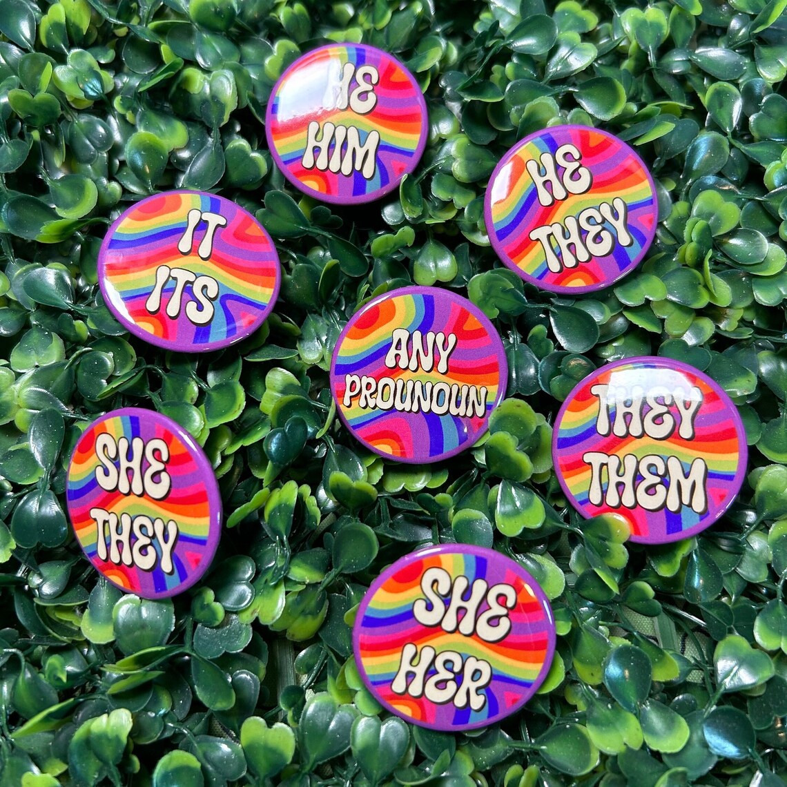 Groovy Rainbow Pronoun Pin Back Buttons - Etsy